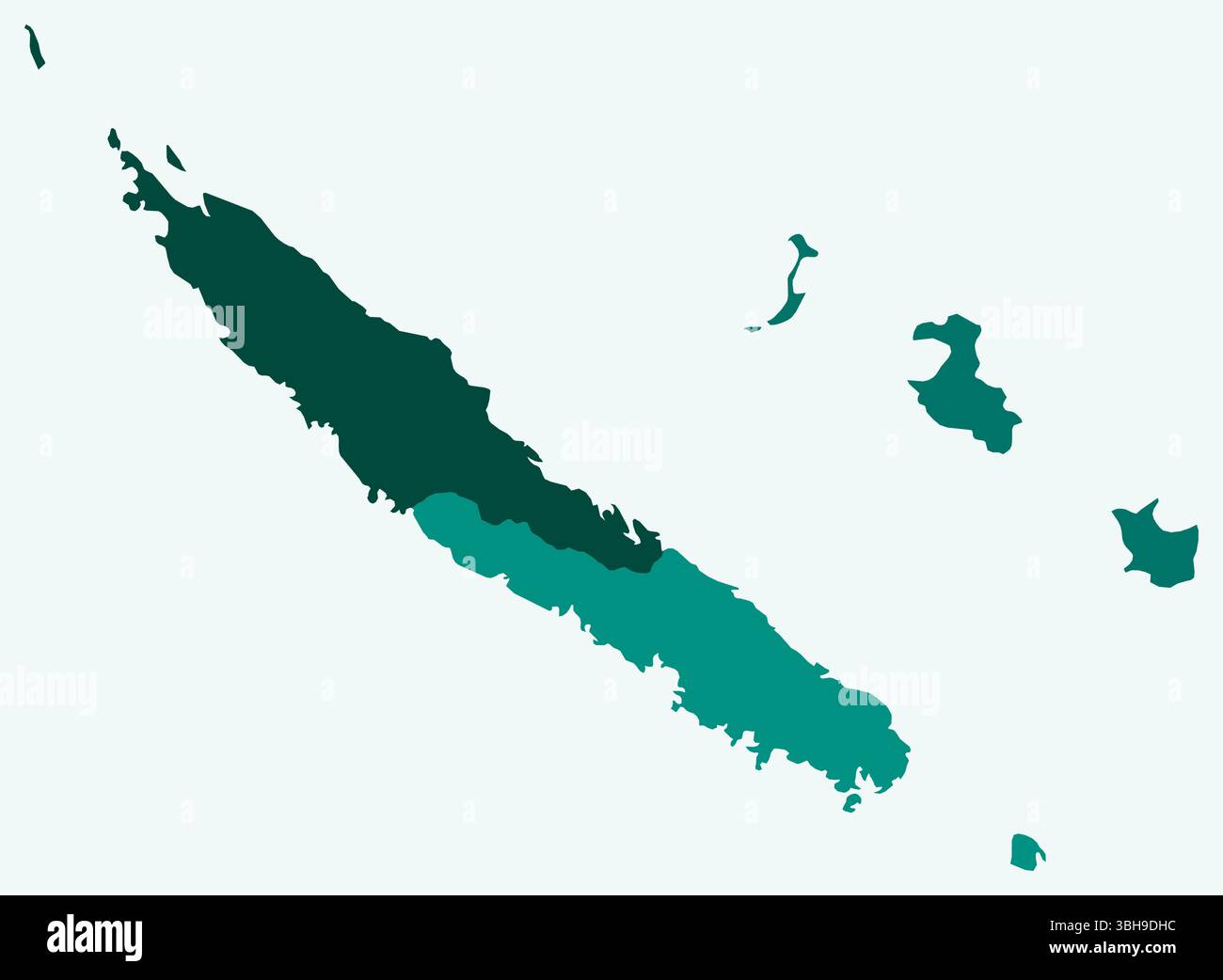 Map of New Caledonia with regions. Just a simple country border map with region division. Teal ...