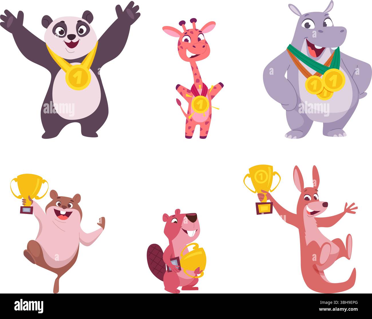 Animal with trophy. Happy cartoon animals holding golden medal or cup ...