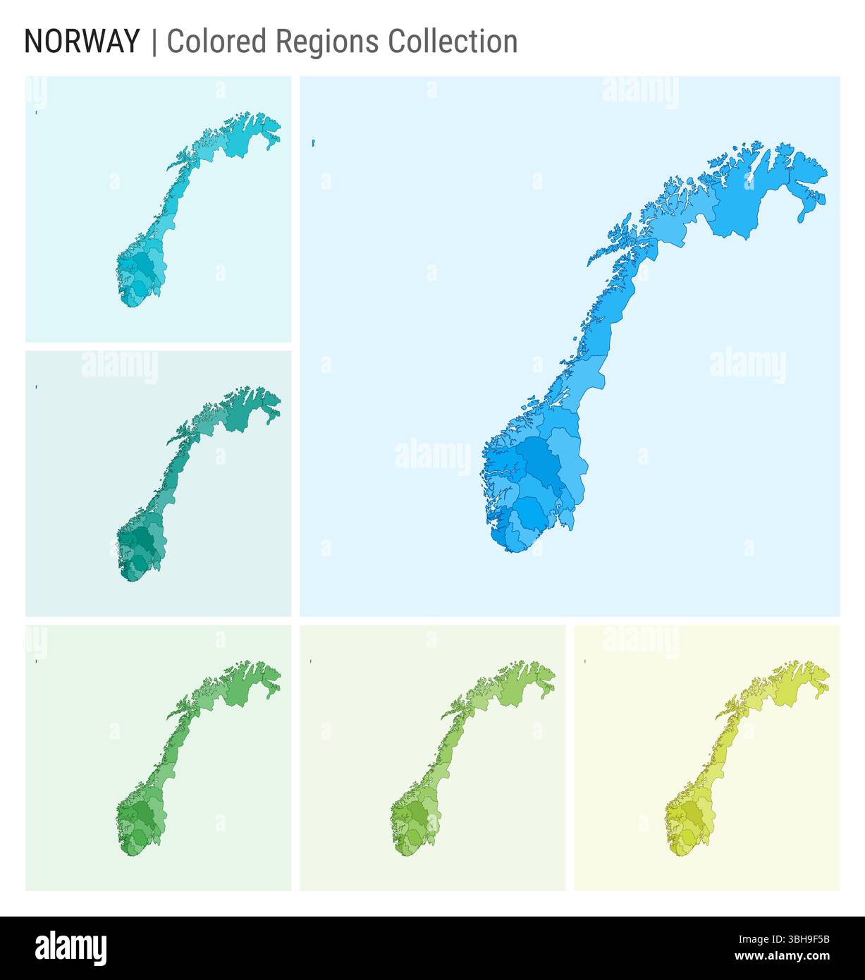 Norway map collection. Country shape with colored regions. Light Blue ...