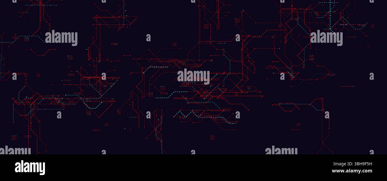 Red Cyber Grid With Futuristic Circuit Lines. Tech background featuring glowing red and cyan ...