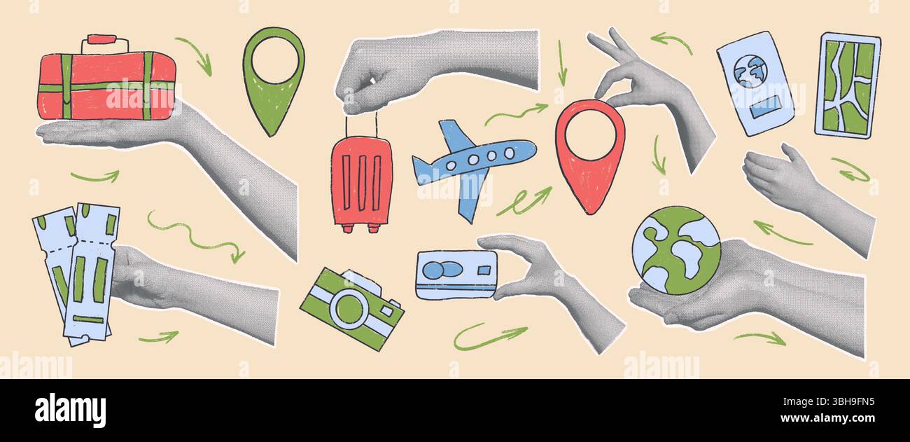 Travel collage with hands and elements crayon drawn set. Suitcase ...
