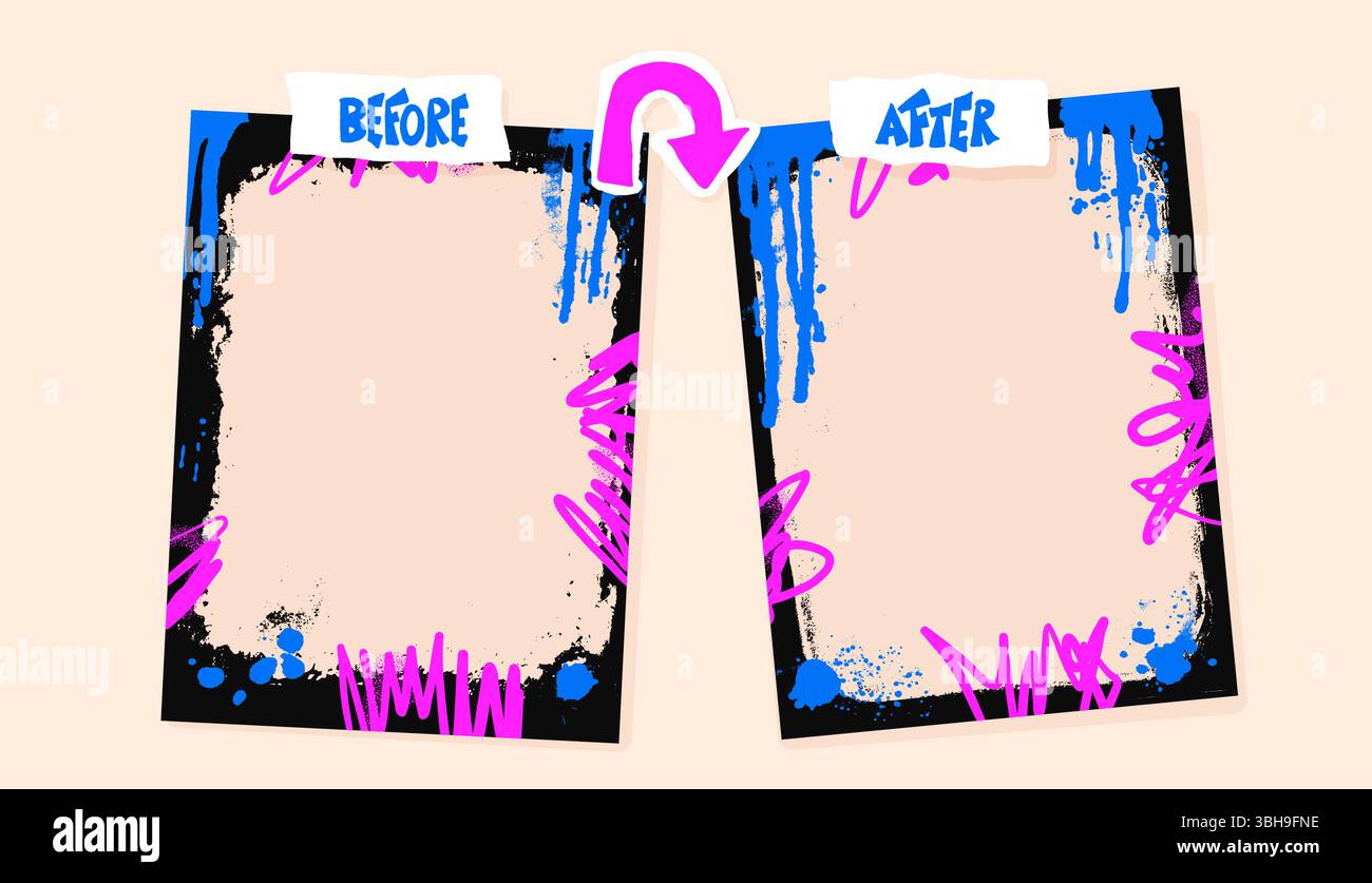 Before and after template. Graffiti frames for photo comparison. Competition layout borders with ...