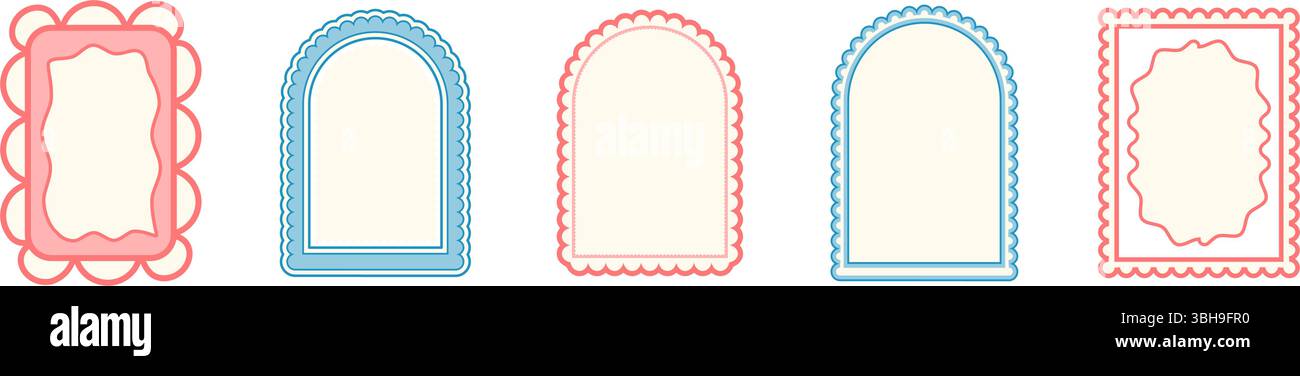 Retro coquette frames. Set of pastel colors borders with scallop edges ...