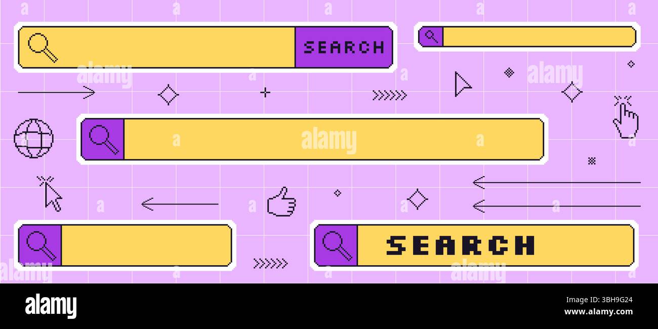 Search bar pixel art set. 8bit web browser sticker elements collection. Retro y2k internet ...