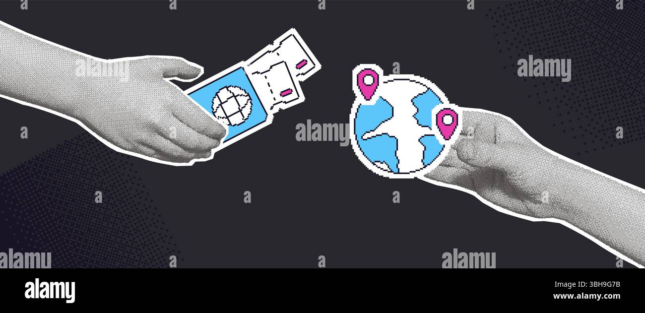 Travel collage with halftone hand with pixel art tourism elements ...