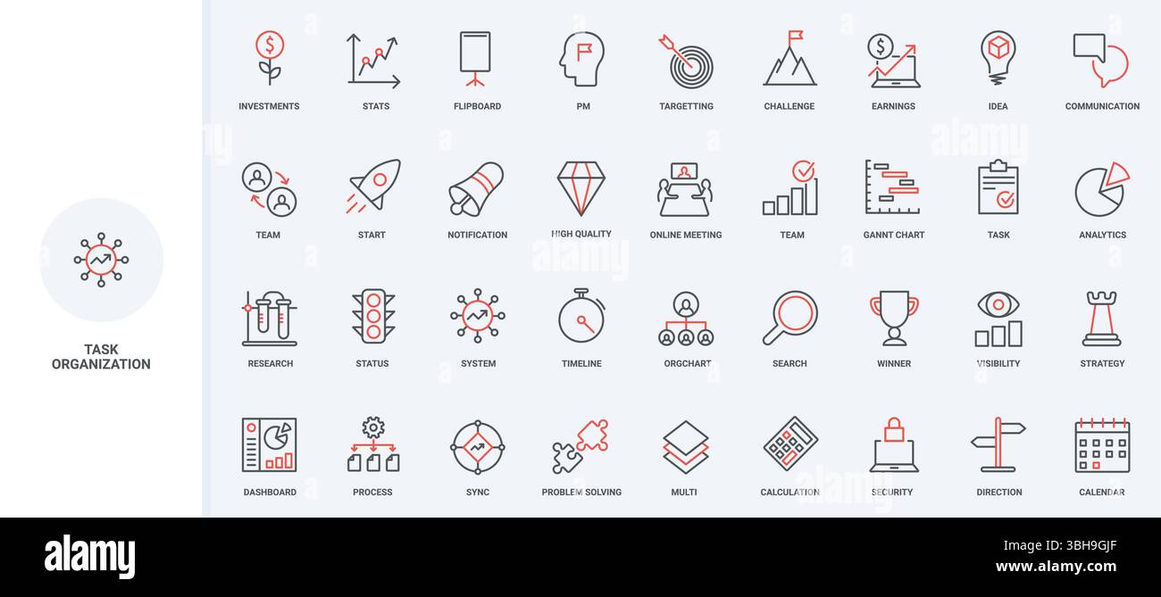 Organization of business task, research process and problem solving line icon set. Org chart ...