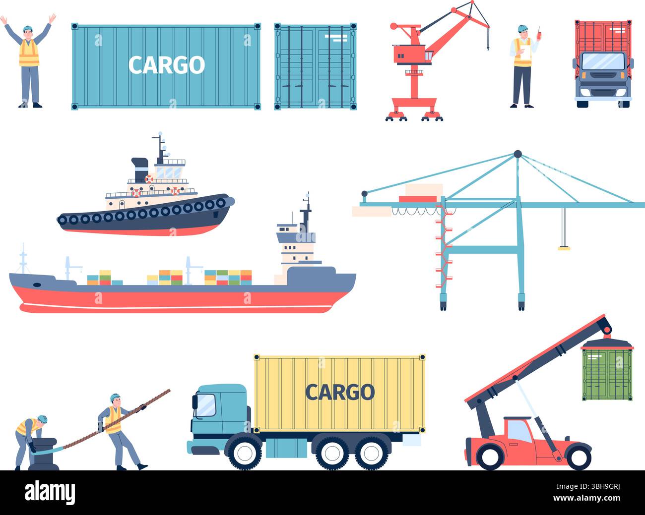 Seaport flat elements. Cargo terminal equipment, transport and workers ...