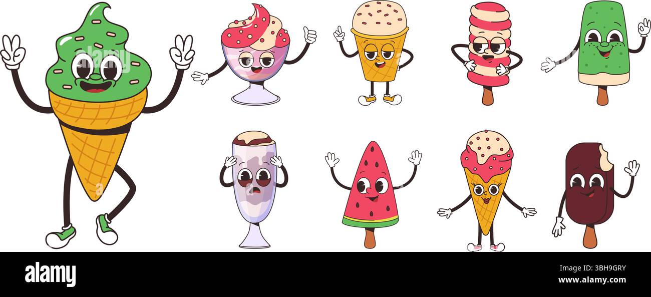 Ice cream retro characters. Groovy style funny food, positive creamy ...