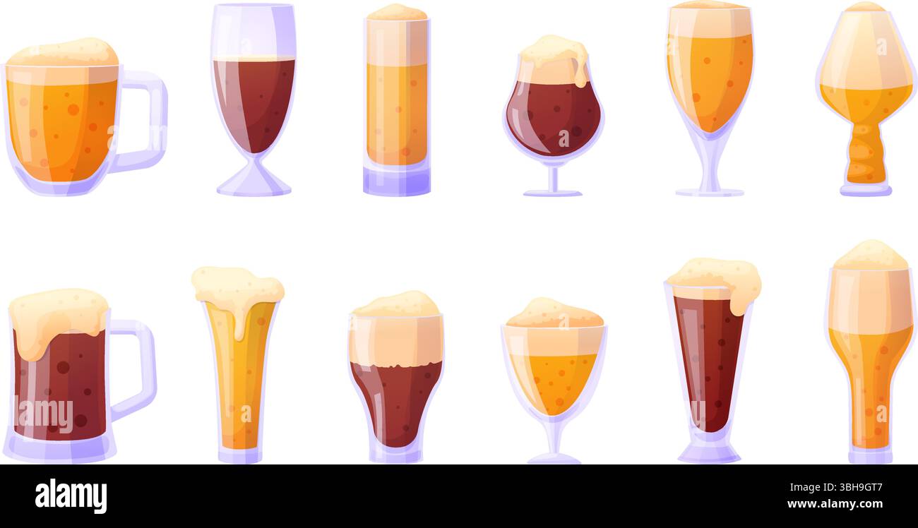Cartoon beer glass. Different glasses beer, light and dark drinks with ...