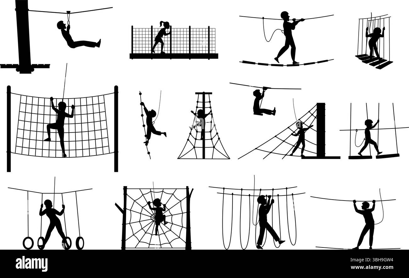 Rope park characters silhouettes. Sport activity, outdoor extreme ...