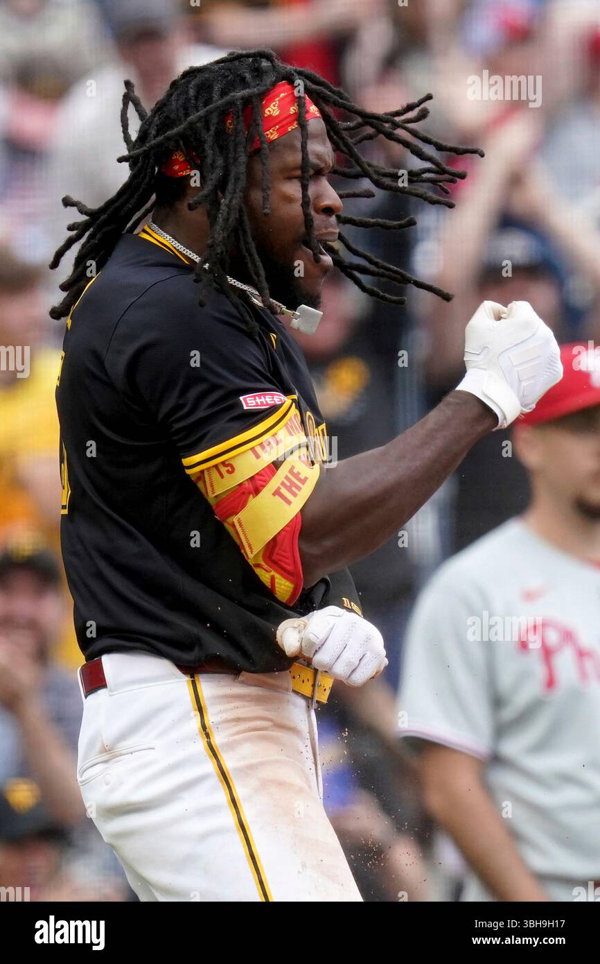 Pittsburgh Pirates' Oneil Cruz reacts after scoring during the eighth ...