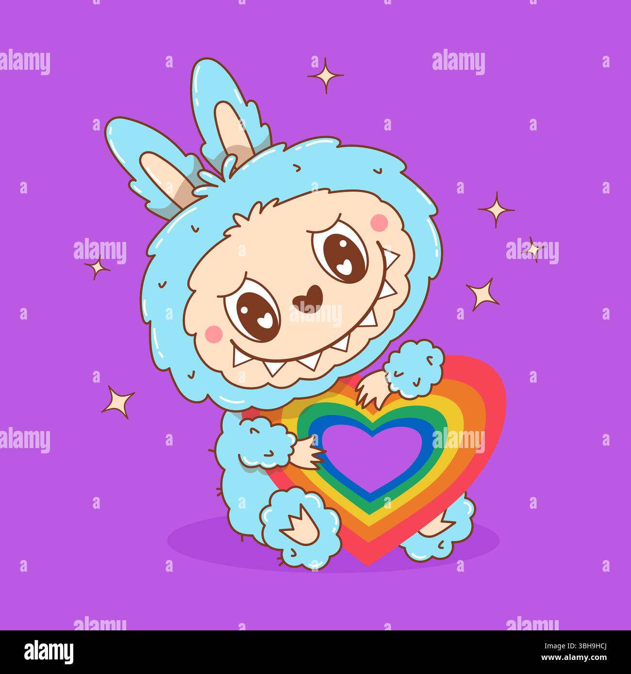 Cute Monster Toy Labubu with rainbow lgbt Heart. Cartoon Funny kawaii ...