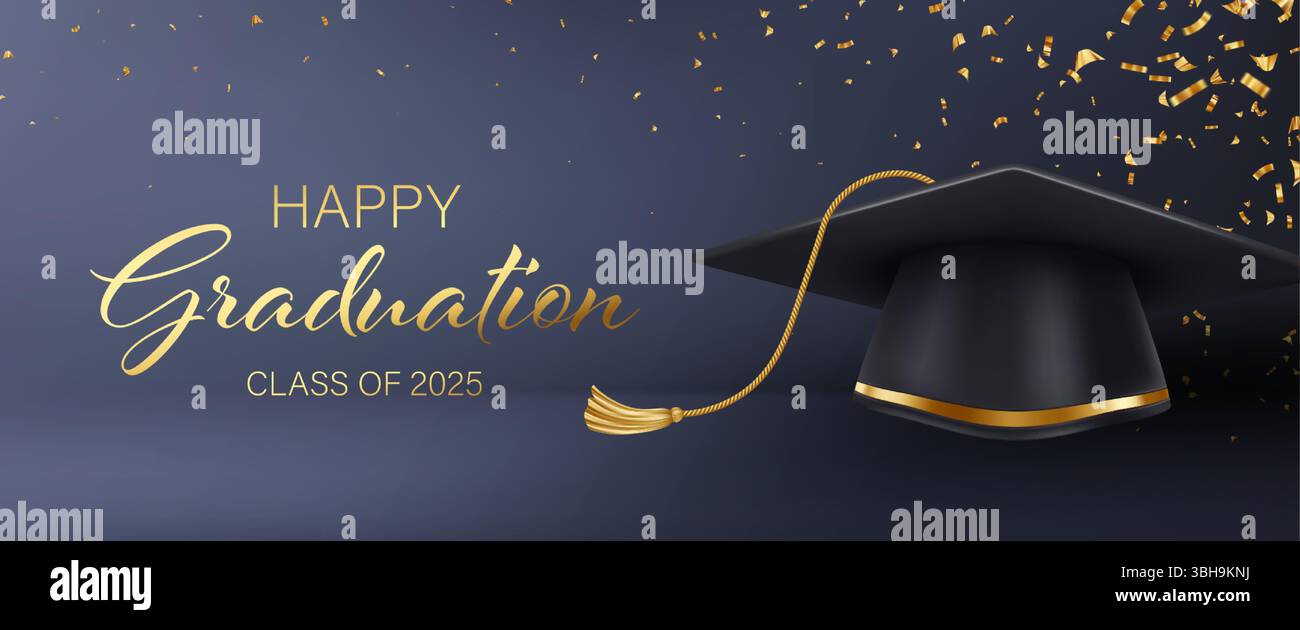 Graduation Cap Illustration with Festive Gold Confetti Background for Class of 2025 Celebration ...
