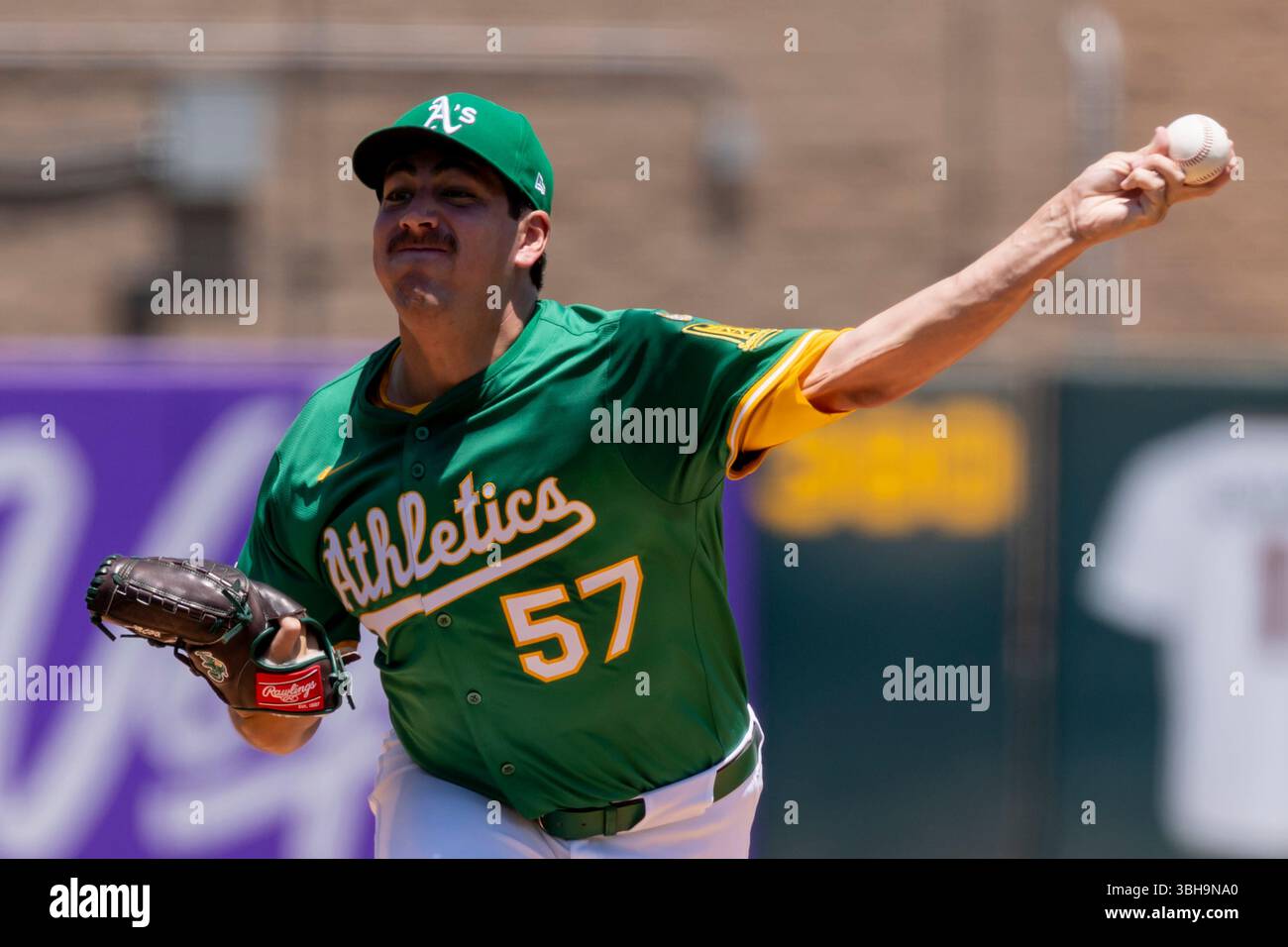 Athletics pitcher Jacob Lopez throws to the Baltimore Orioles during ...