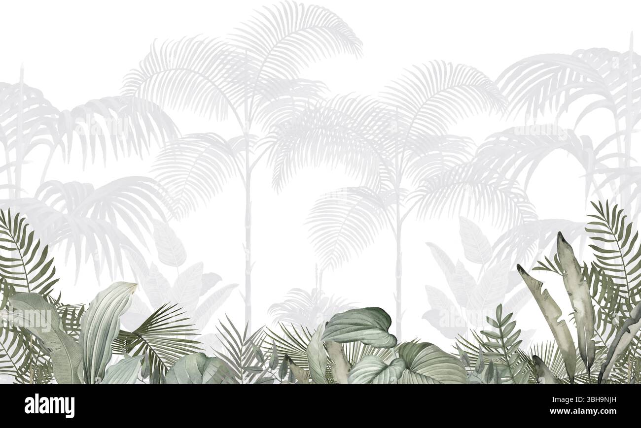 Monochromatic Tropical Landscape Wallpaper: Gray Palms & Jungle Foliage ...