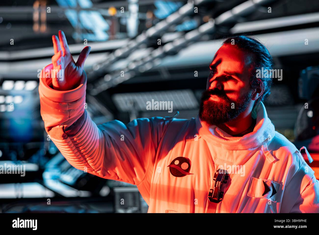 Space crew member responds to alien hostile presence red light alert ...