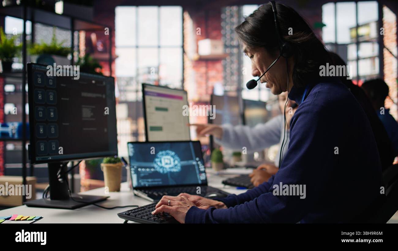 Call center worker arriving at work, using artificial intelligence on ...