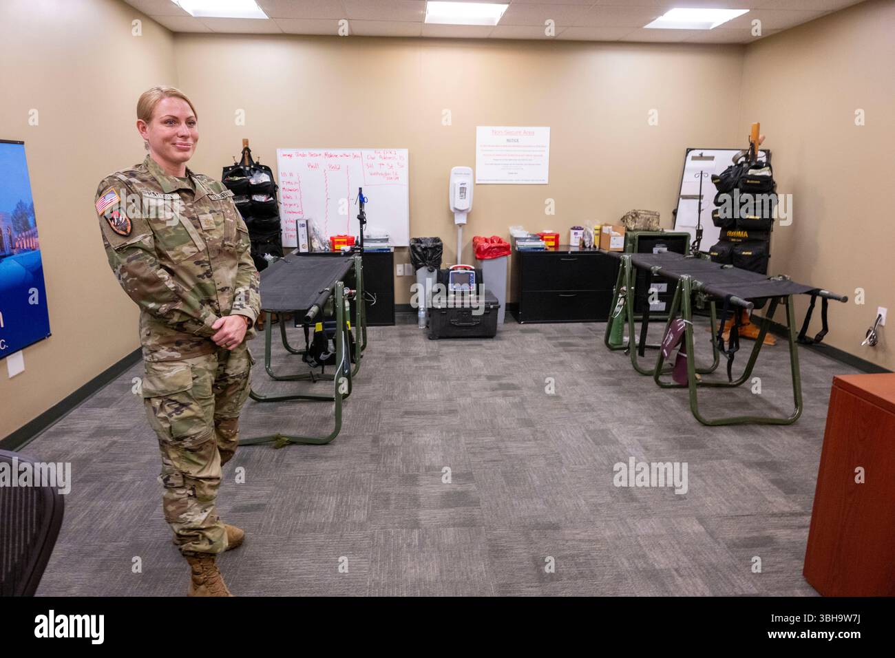 Physician Assistant Maj. Aubrey Hanson gives a tour of the Aid Station ...