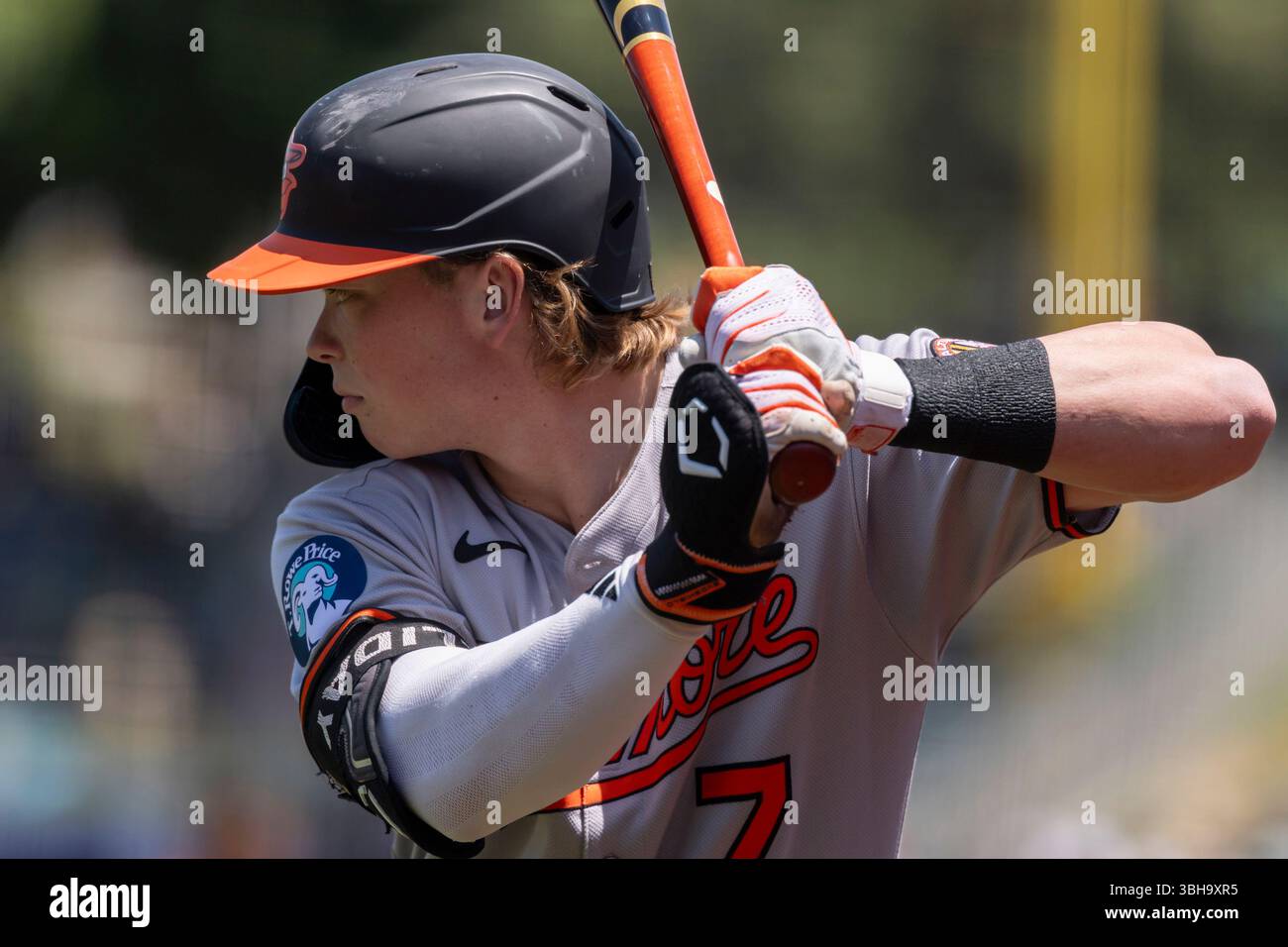 Baltimore Orioles' Jackson Holliday (7) watches the pitcher while on ...