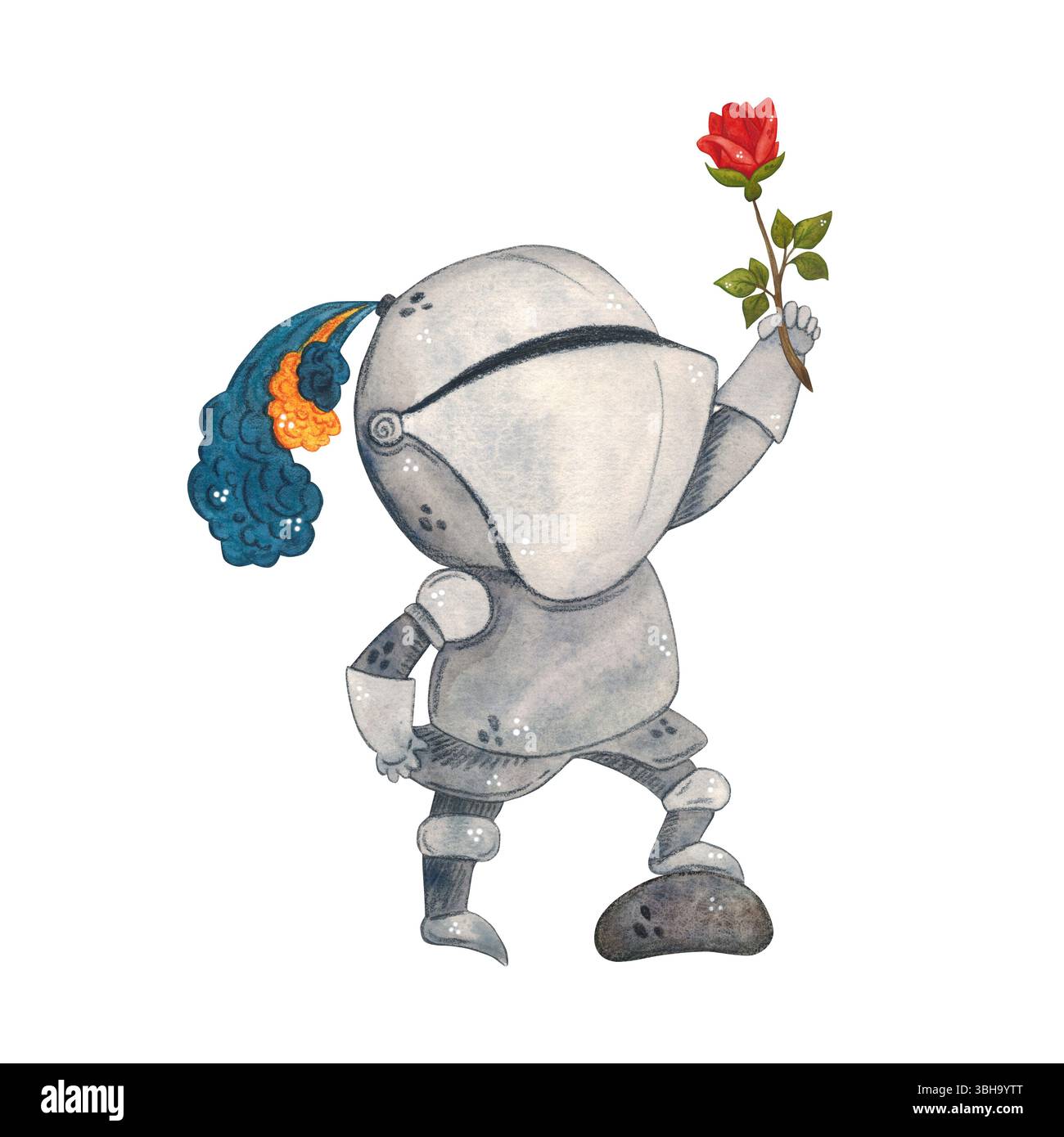 Knight in armor with a raised hand holding a red rose. Watercolor ...