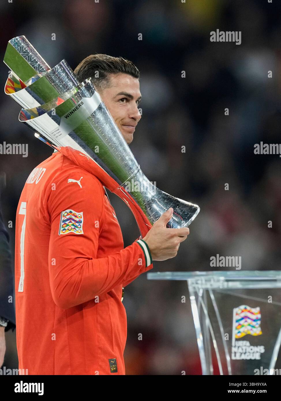 Portugal's Cristiano Ronaldo holds the trophy after winning the Nations ...