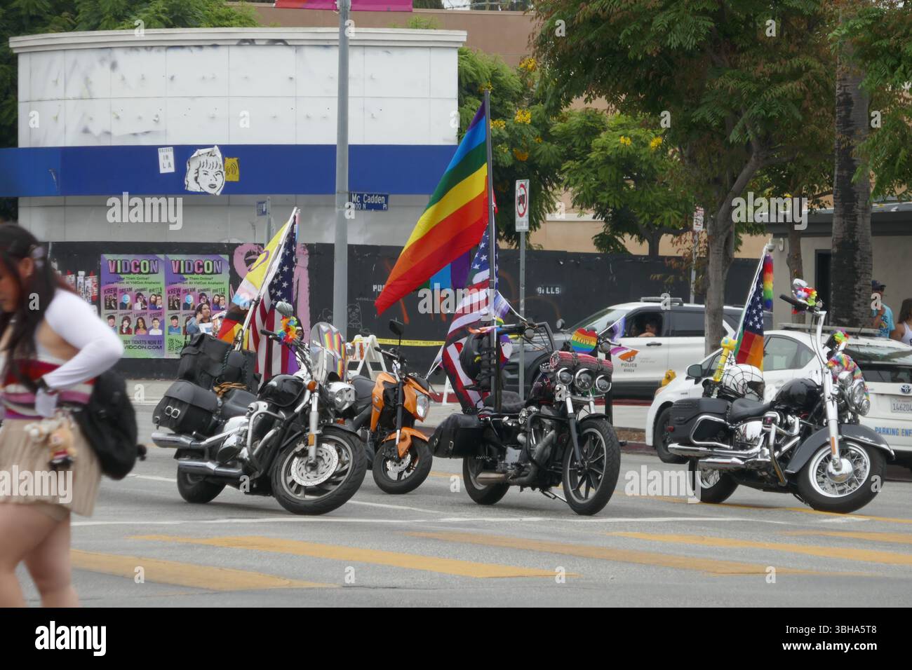 Los Angeles, California, USA 8th June 2025 Motorcycles and Pride Flags in LA Pride Parade on ...