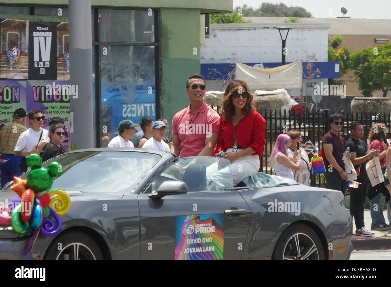 Los Angeles, California, USA 8th June 2025 News Anchors David Ono and Jovana Lara in LA Pride ...