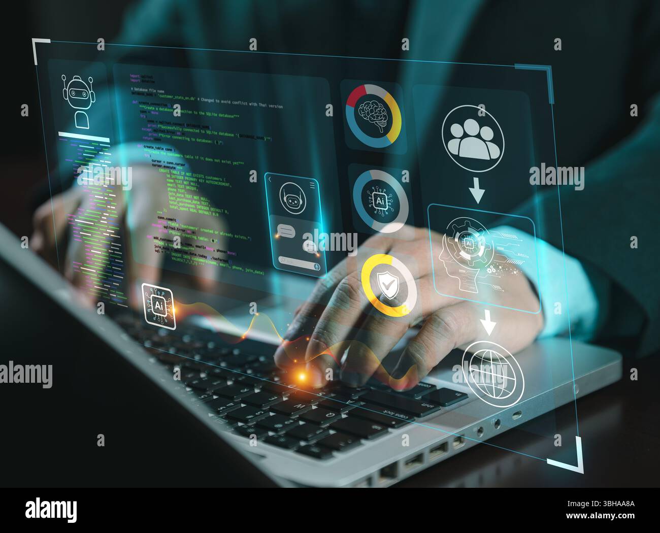 hands using typing keyboard with creative binary coding hologram on blurry background. Software ...