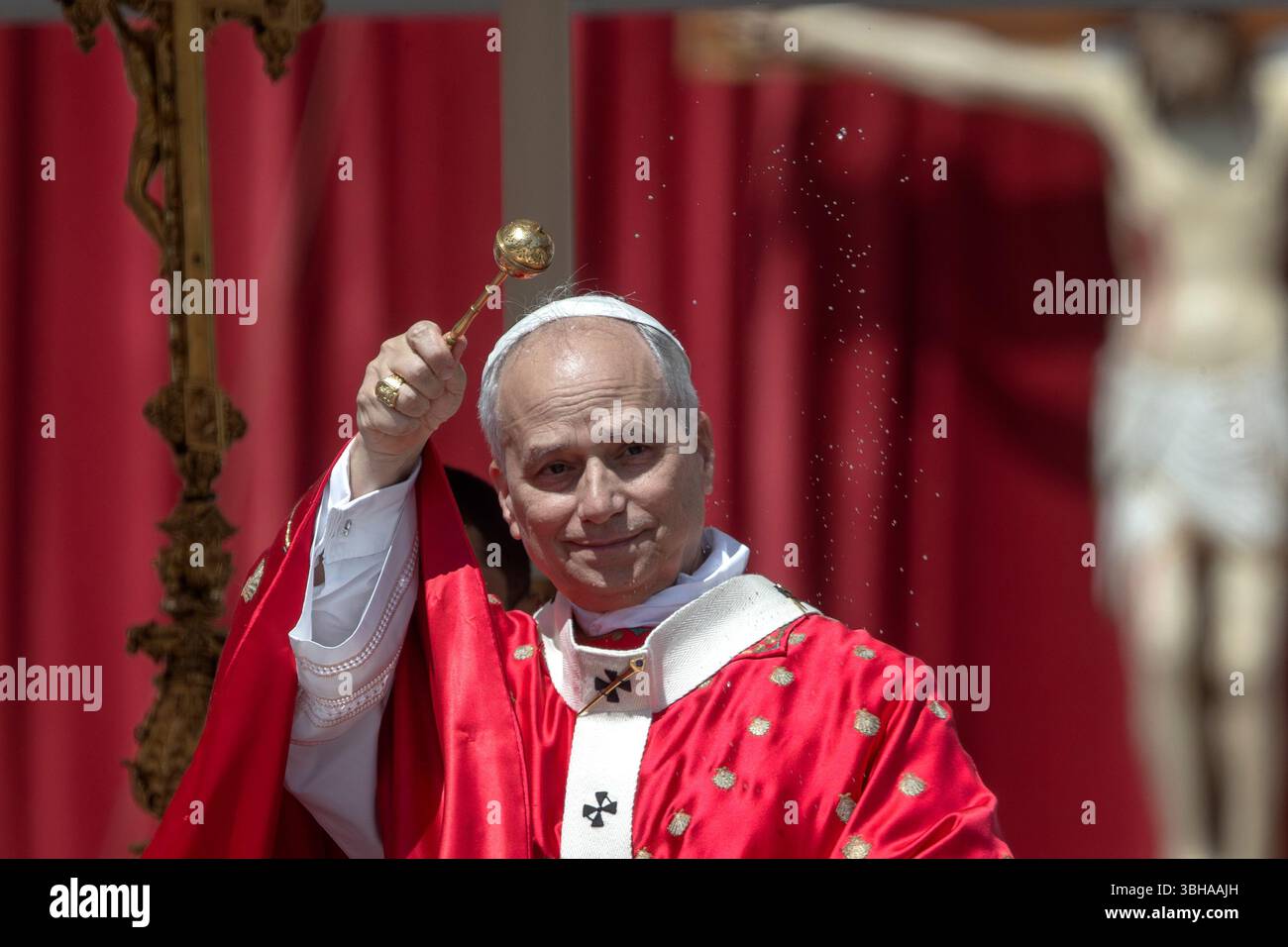 Vatican, Vatican. 08th June, 2025. Pope Leo XIV sprinkles holy water as ...