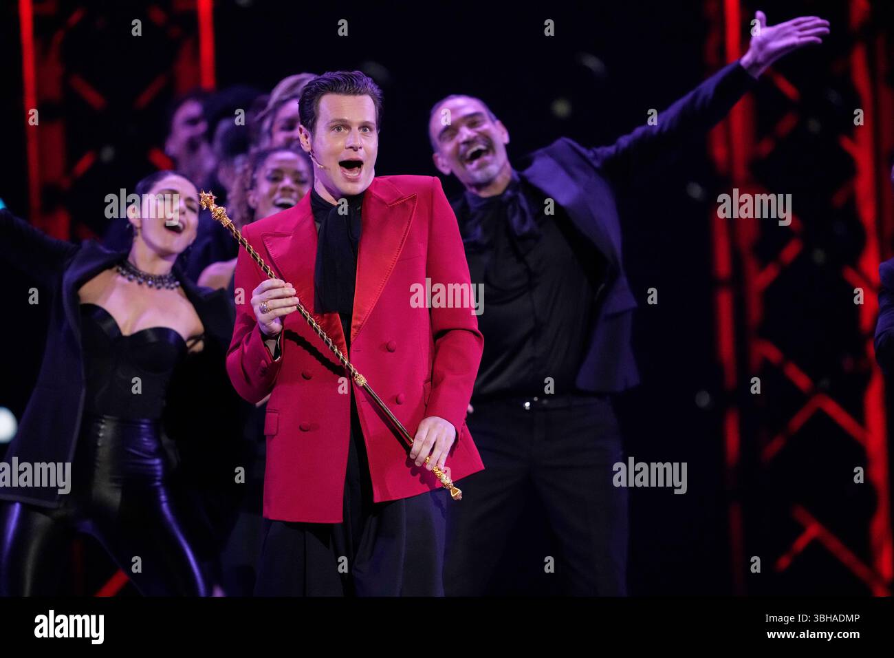 Jonathan Groff, center, performs a medley from "Hamilton" during the ...
