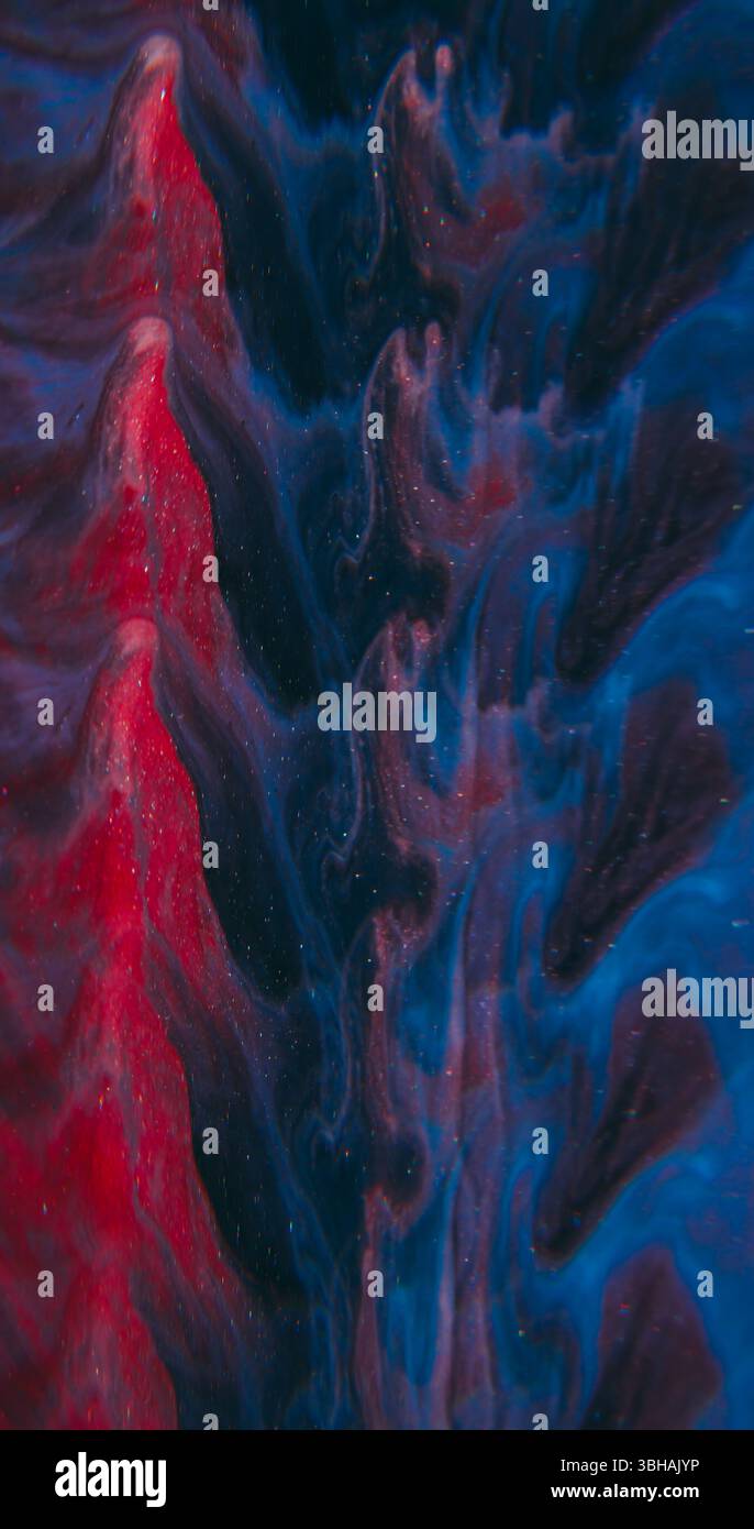 Fractal flow ink. Art fluid blur. Red blue black acrylic blend color ...