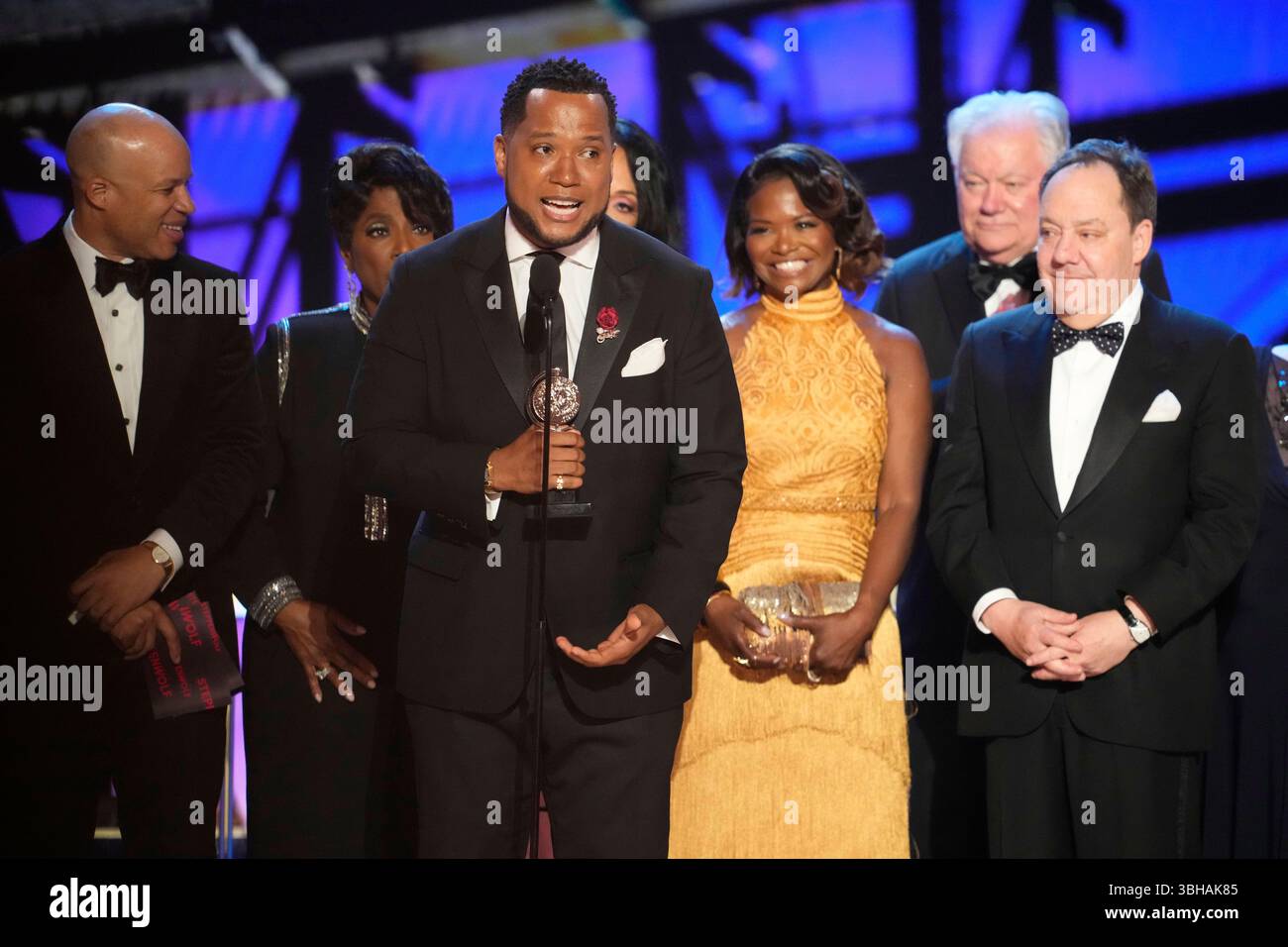 Branden Jacobs-Jenkins, center, accepts the award for best play for ...