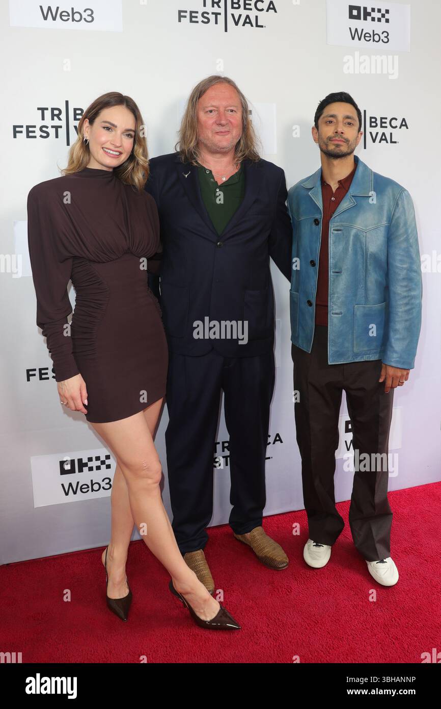 NEW YORK, NEW YORK - JUNE 07: Lily James, David Mackenzie and Riz Ahmed ...