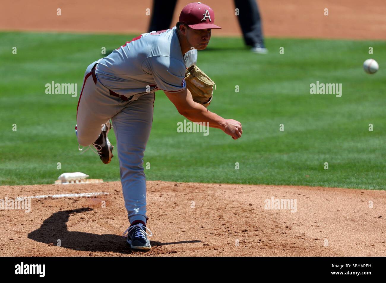 June 8, 2025: Arkansas pitcher Gage Wood (14) watches as the ball he ...