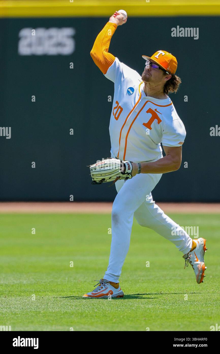 June 8, 2025: Colby Backus (20) Tennessee outfielder returns a ball ...