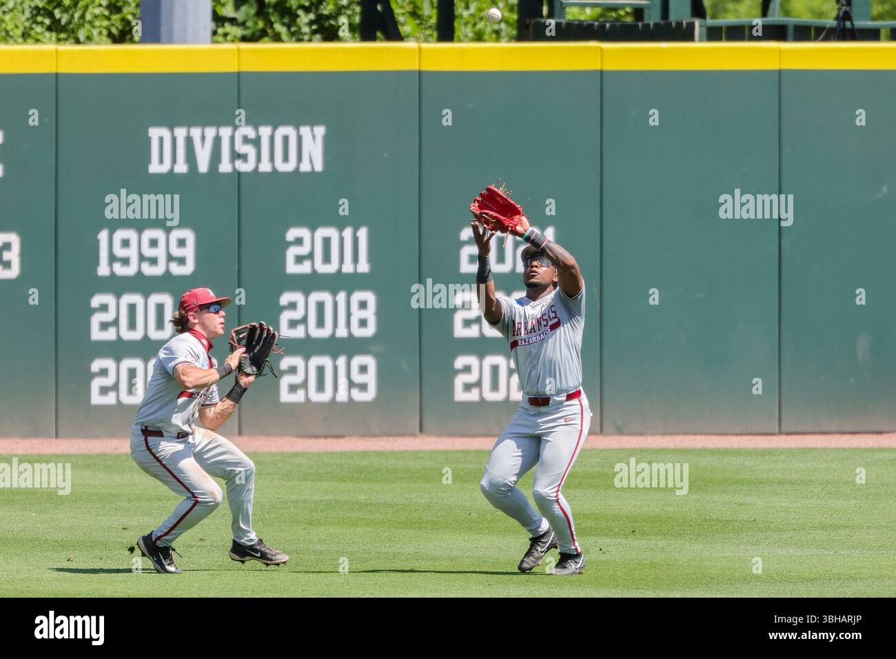 June 8, 2025: Arkansas outfielder Charles Davalan (24) settles as ...