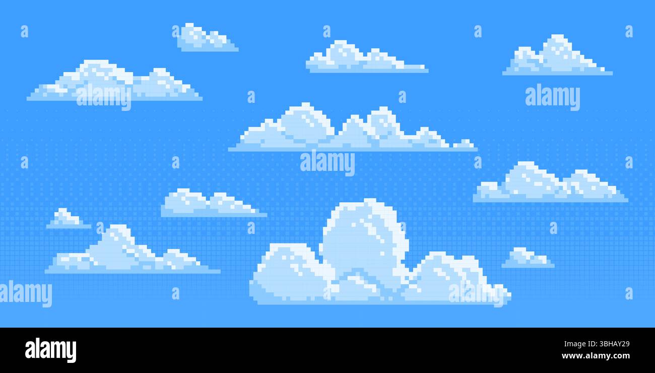 Pixel clouds set for game background - fluffy cumulus cloudscape in 8 bit style. Cartoon sky ...