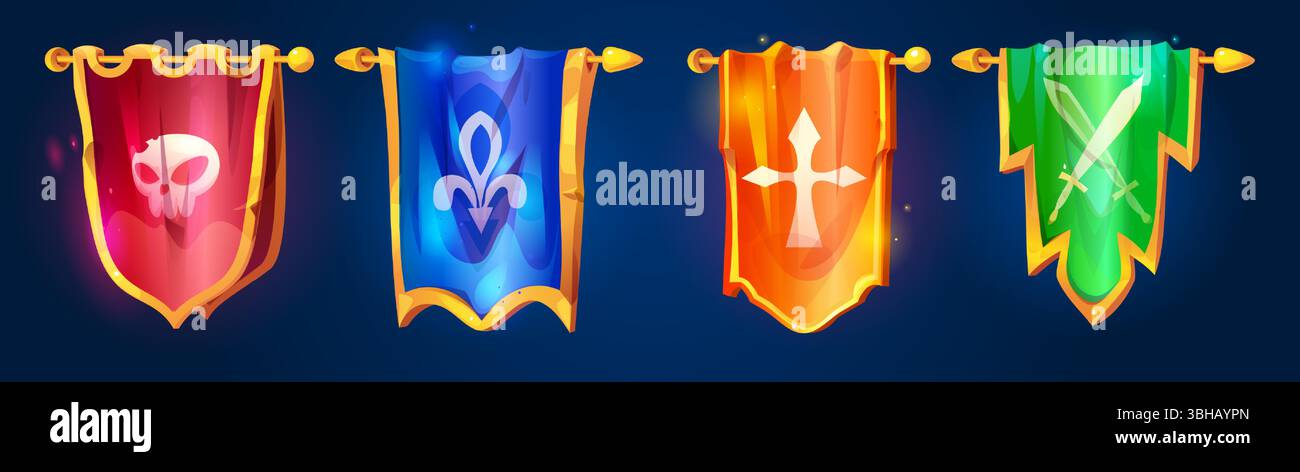 Medieval game flags on golden poles - green crossed swords banner ...