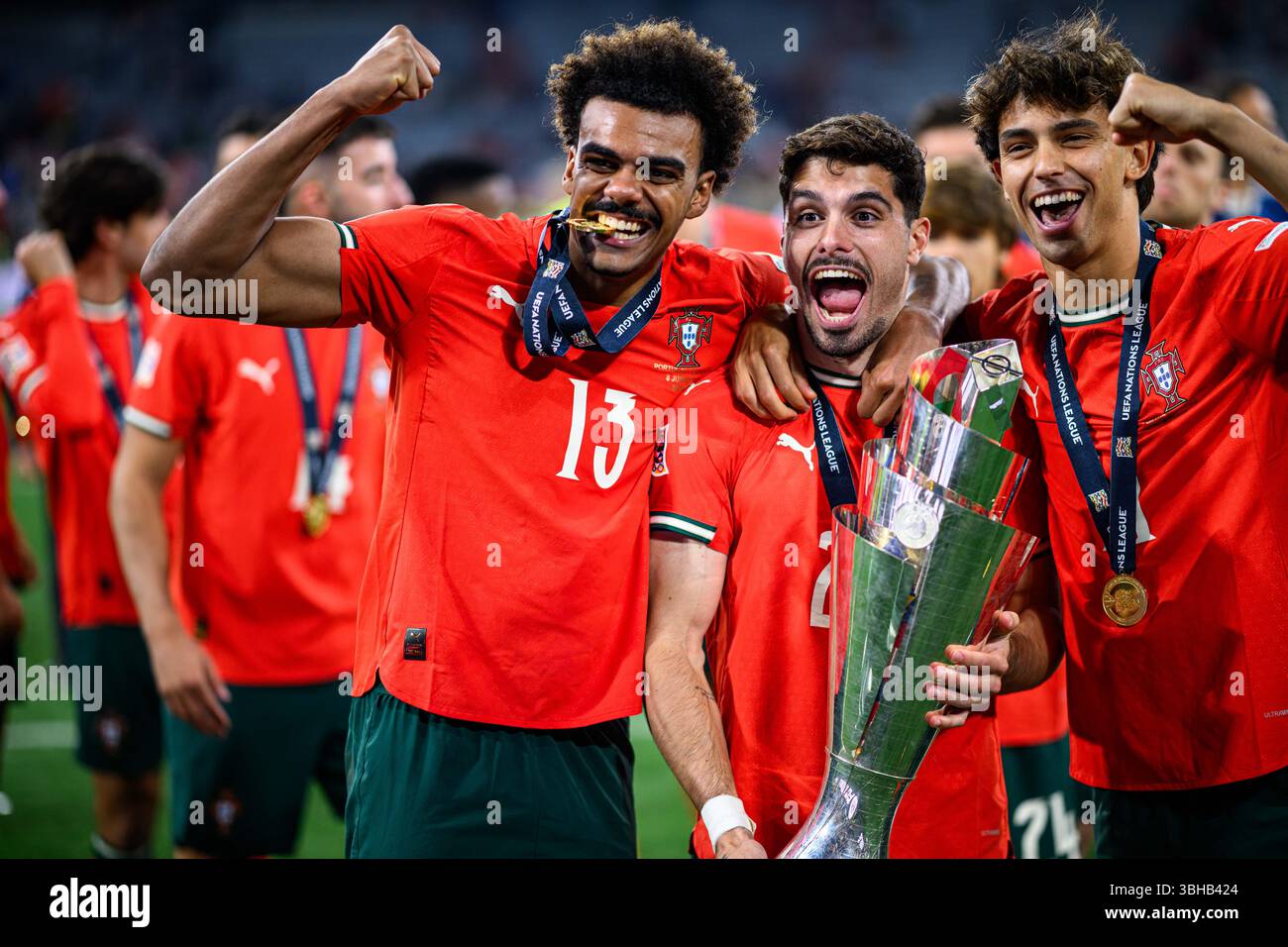 MUNICH, GERMANY - 9 JUNE, 2025: Renato Veiga, Pedro Neto, Joao Felix ...