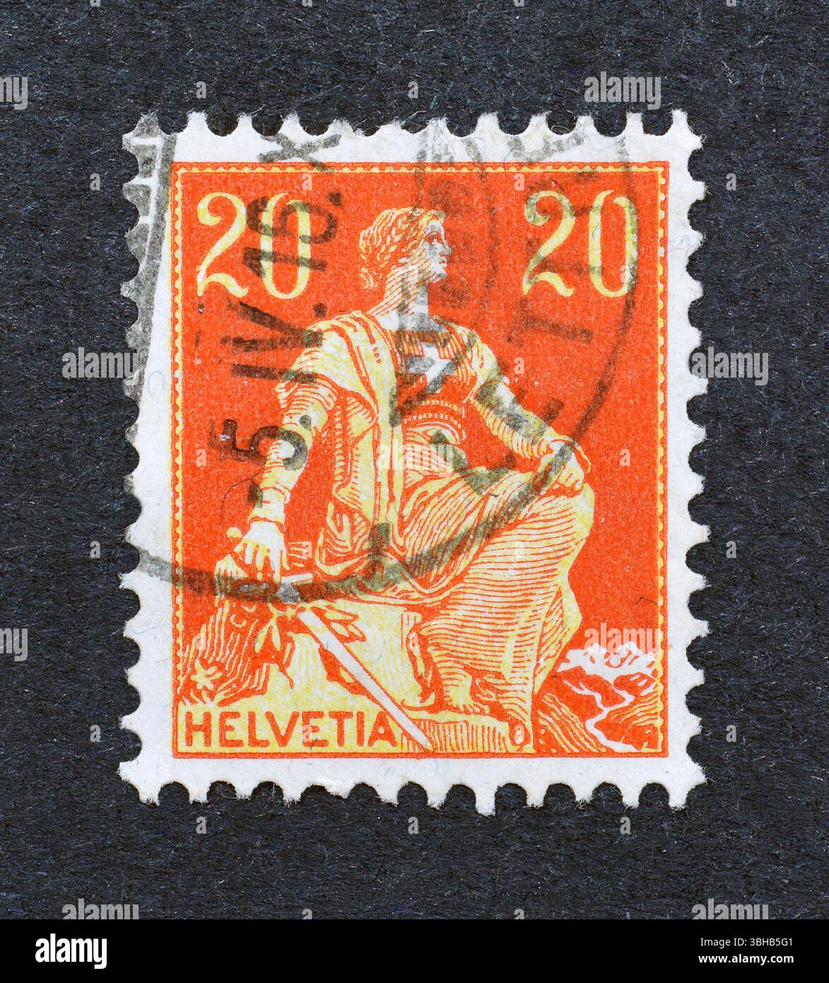 Postage stamp printed by Switzerland, that shows Helvetia with sword ...
