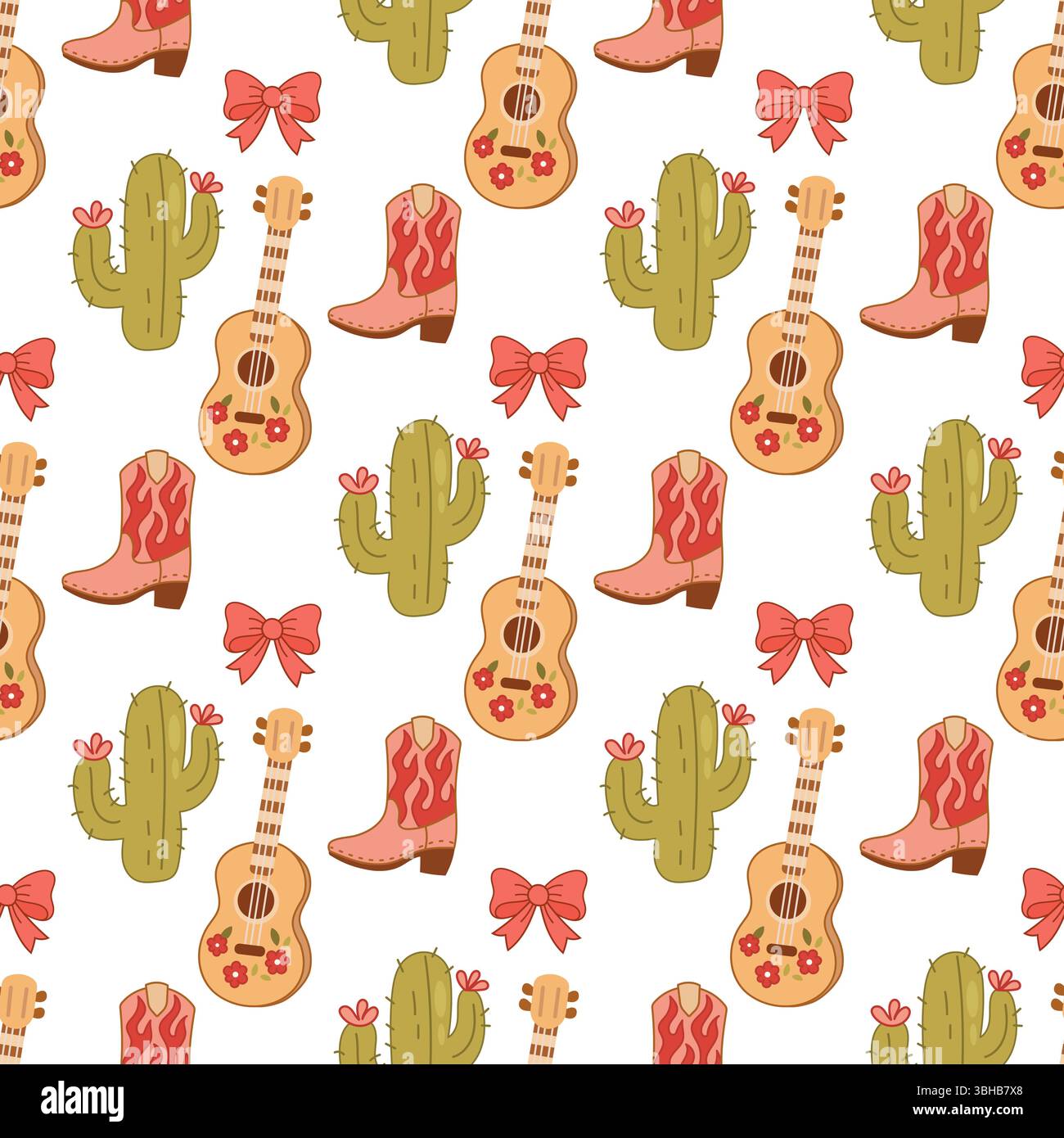 Seamless pattern with western icons guitars, cacti, cowboy boots and ...