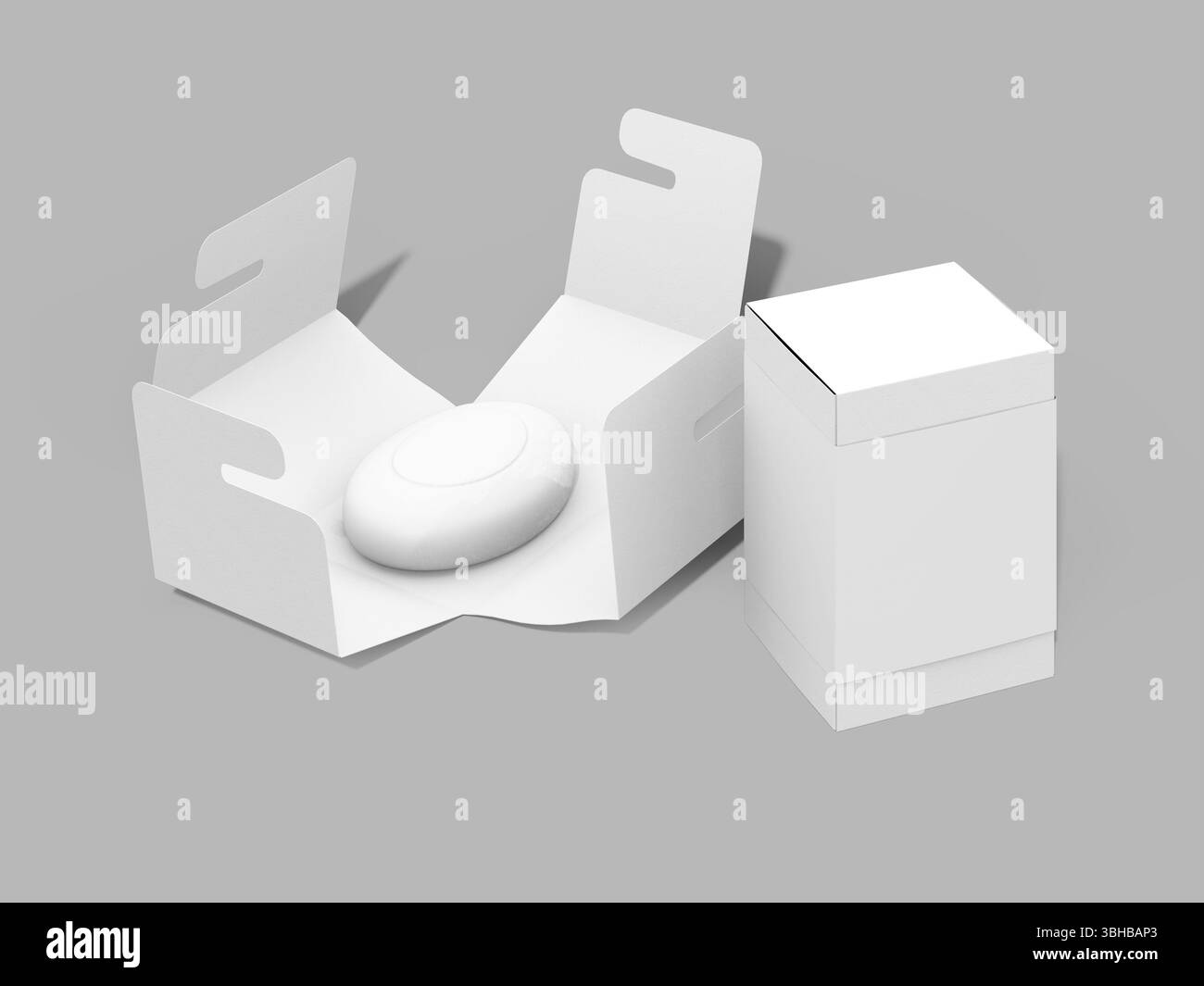 White Blank Cardboard Box with Soap Mockup 3D Rendering Stock Photo - Alamy