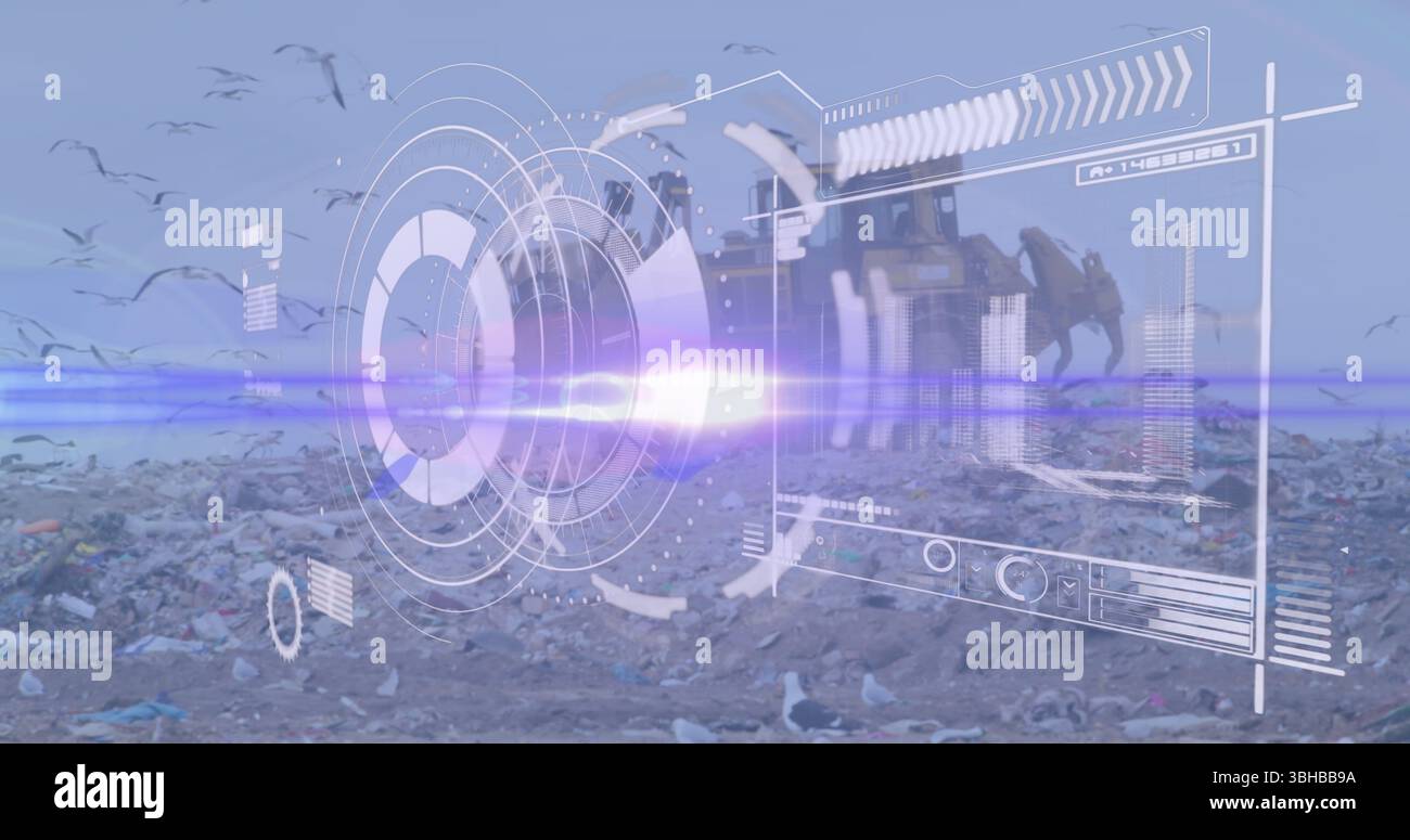 Image of scanning interface screen over birds flying around bulldozer ...