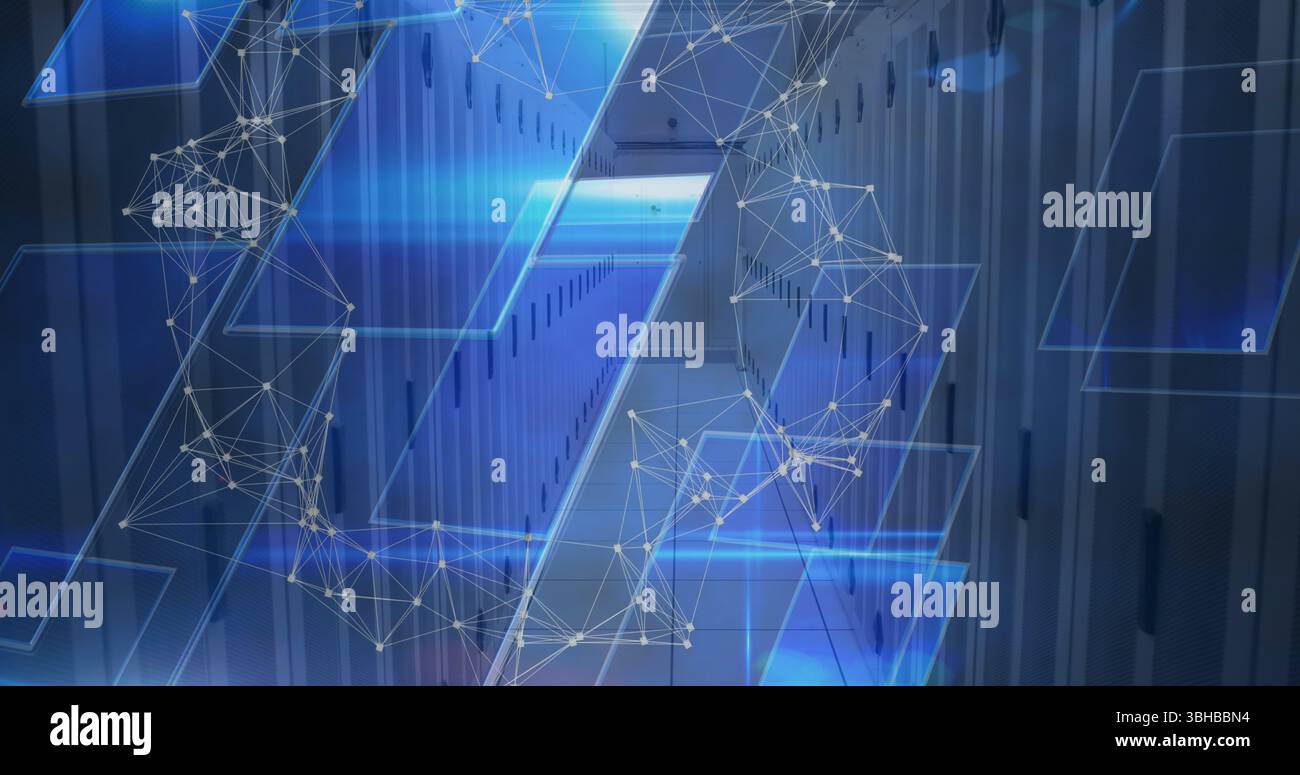 Displaying holographic blue panels streaming through server room aisle between server racks ...
