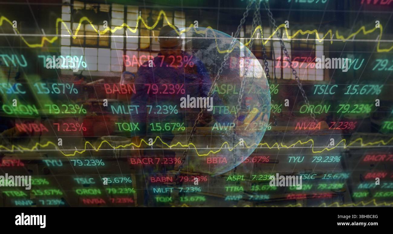 Two suited traders analyzing stock data in trading floor office, with ...