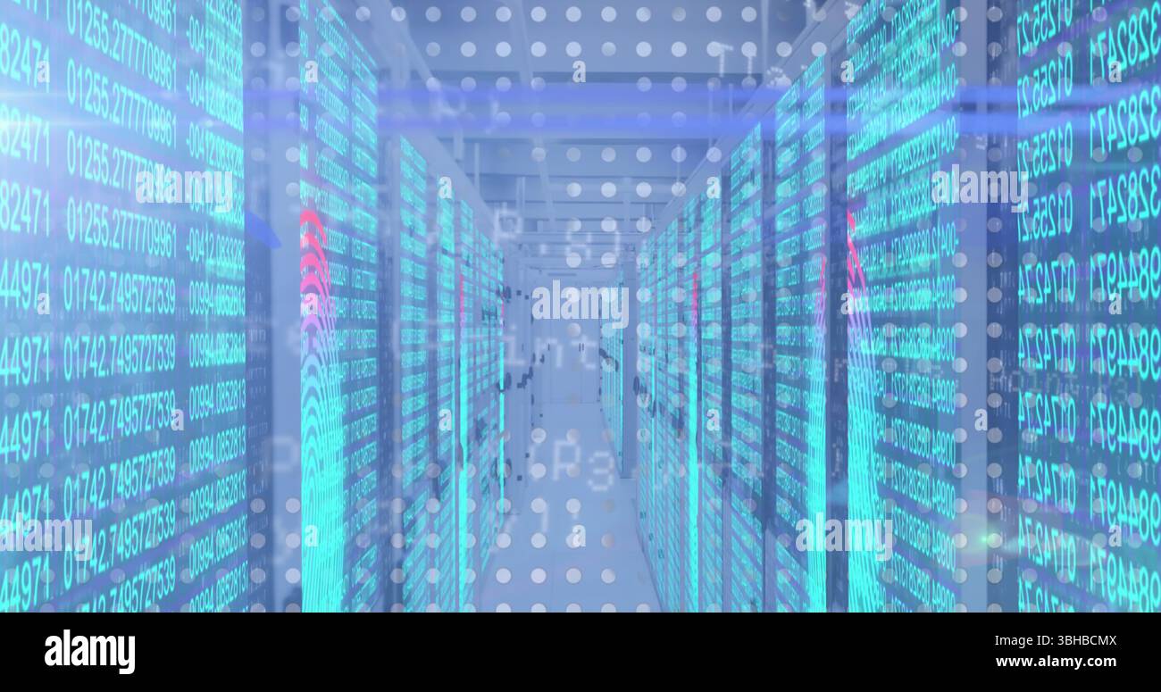 Corridor of server racks displaying cyan code overlay in data center ...
