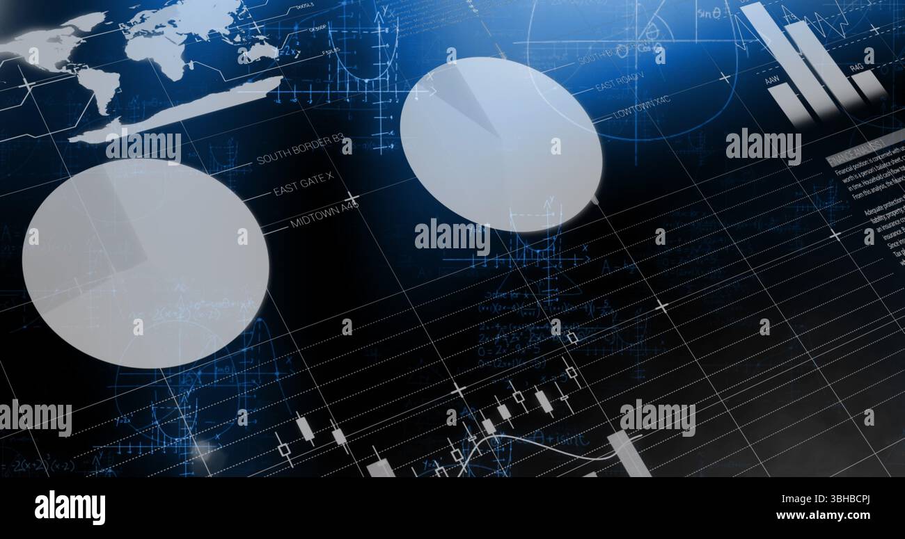 Displaying large translucent circular chart dominating left screen with world map, axes, copy ...