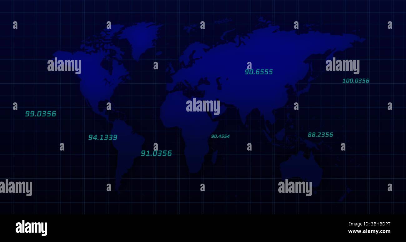 Image of numbers floating over blue world map against grid pattern ...
