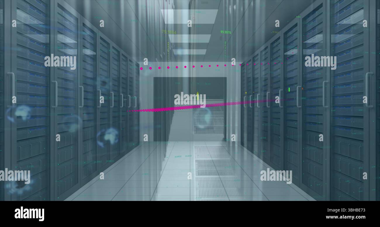 Showing data center aisle with server cabinets featuring cable handles, vents, LED panels ...