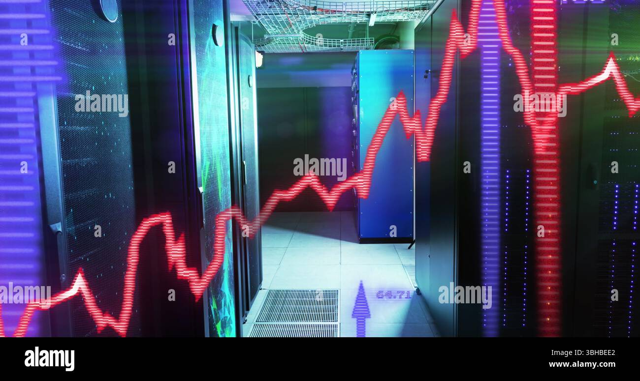 Displaying data center corridor with server cabinets, raised tiles and red financial graph ...